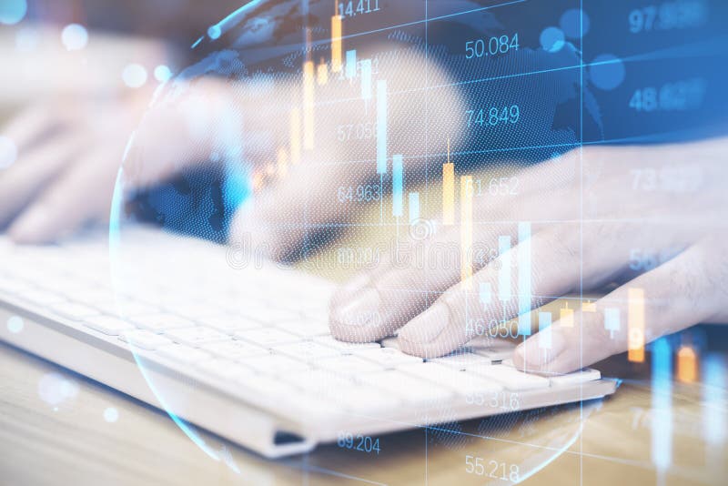 Close Up of Hands Using Computer Keyboard with Abstract Falling ...