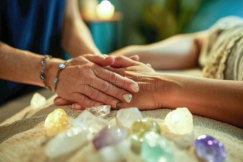 Close-up of Hands Using Crystal Therapy on a Client Stock Illustration ...