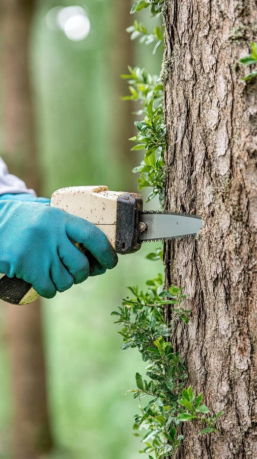 Close-up of Hands Using an Electric Tree Pruner on a White Birch Trunk ...