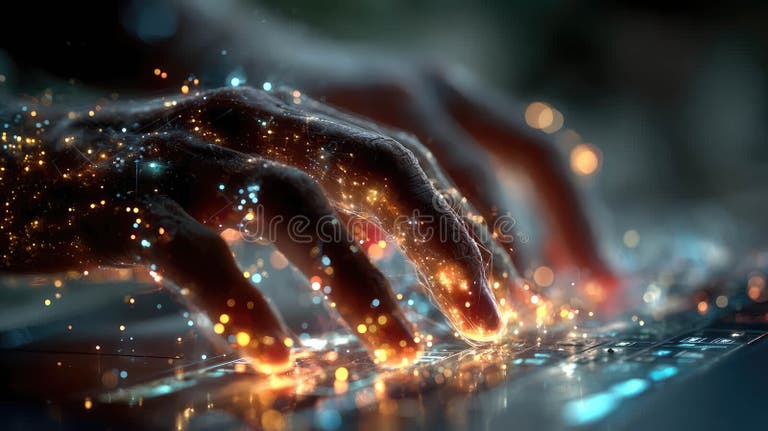 Close-up of Hands Using a Glowing Keyboard Interface with Digital Light ...