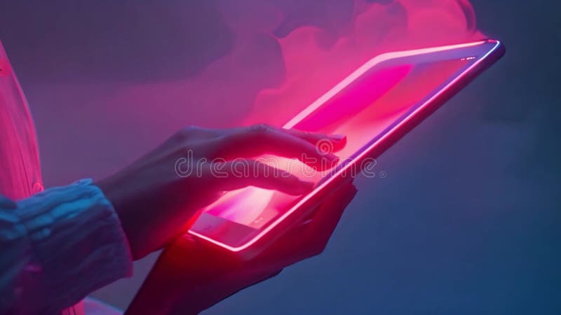 Close-Up of Hands Using Glowing Tablet in a Neon-Lit Environment Stock ...