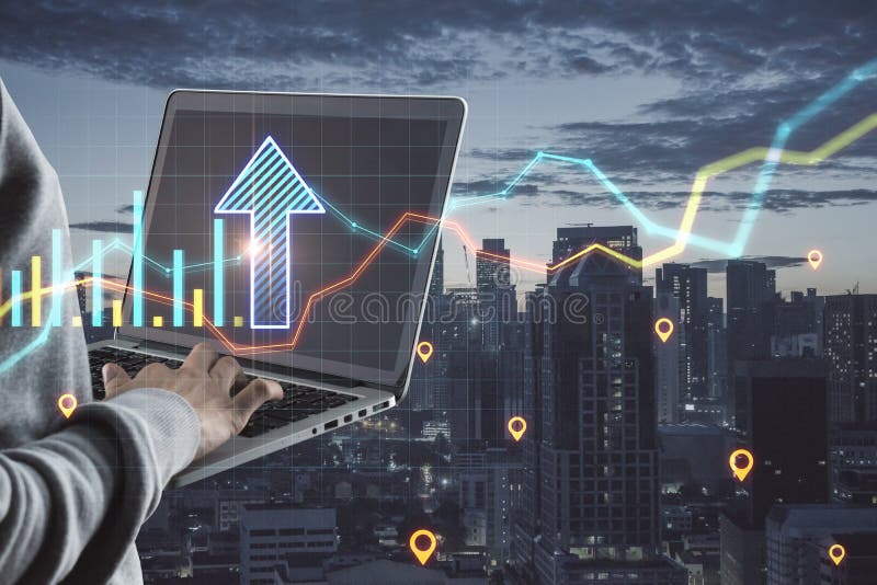 Close Up of Hands Using Laptop with Abstract Glowing Growth Chart and ...