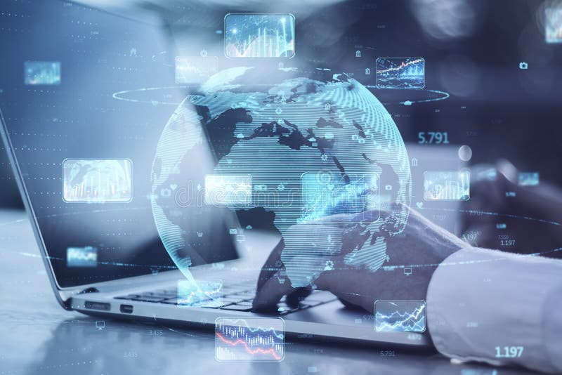 Close Up of Hands Using Laptop Computer at Desktop with Abstract Globe ...