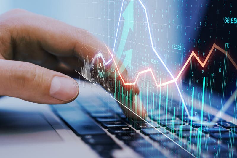 Close Up of Hands Using Laptop with Glowing Business Chart and Arrows ...
