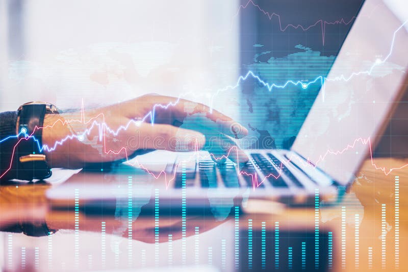 Close Up of Hands Using Laptop on Desktop with Abstract Forex Chart ...