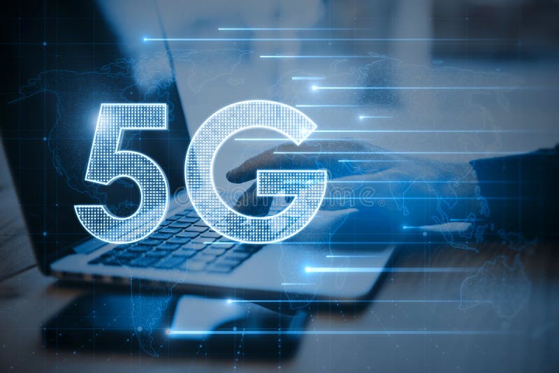 Close Up of Hands Using Laptop with Glowing 5G Hologram on Background ...