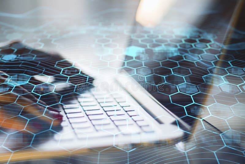 Close Up of Hands Using Laptop Keyboard with Creative Blue Hexagonal ...