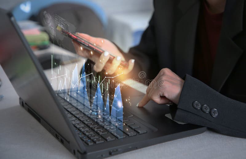 Close Up of Hands Using Laptop Keyboard on Desktop. Technology, Fintech and Finance Concept ...