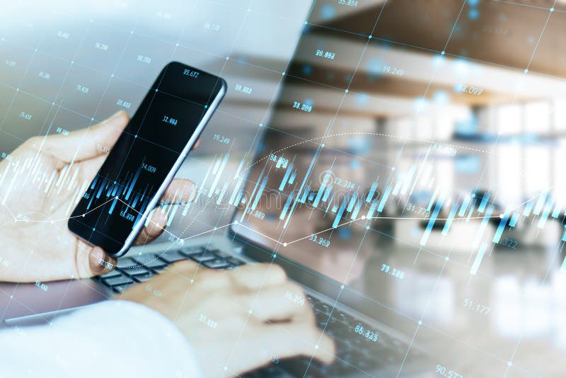 Close Up of Hands Using Laptop Keyboard and Mobile Phone with Glowing ...