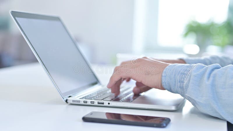 Close Up of Hands Using Laptop on Office Desk Stock Image - Image of ...