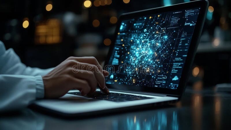 Close-up of Hands Using Laptop Showing Data Network Stock Illustration ...