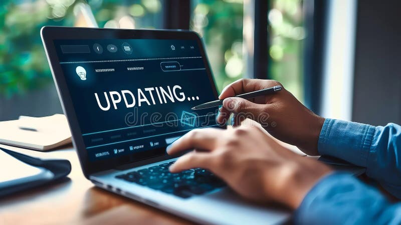 Close-up of Hands Using Laptop with "Updating..." Message on Screen ...