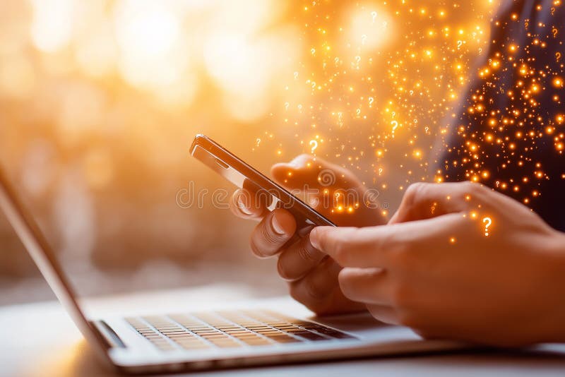 Close Up of Hands Using Mobile Phone and Laptop with Glowing Question ...