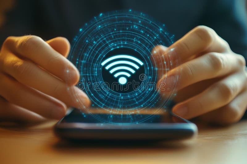 Close-up of Hands Using a Mobile Phone with a Wireless Network Icon on ...