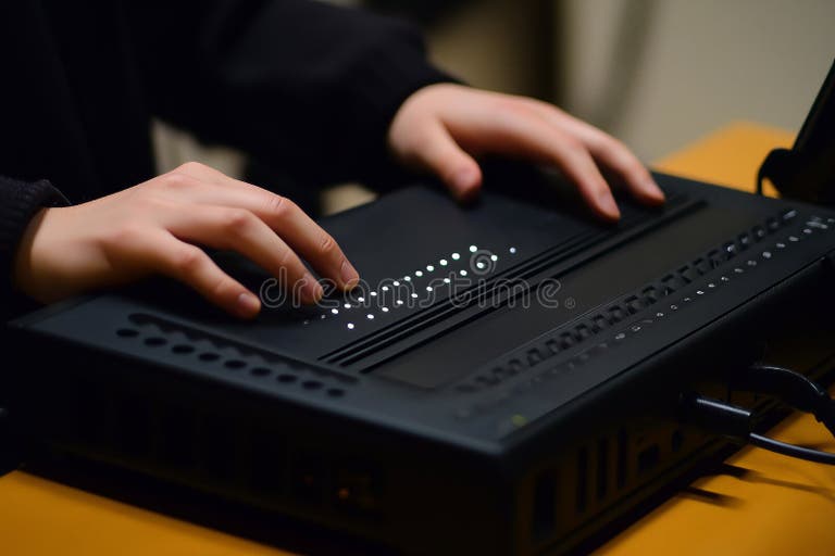 A Close-up of Hands Using a Modern Braille Display Device Connected To ...