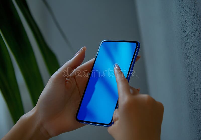 Close Up of Hands Using Smartphone with Blue Screen Stock Illustration ...