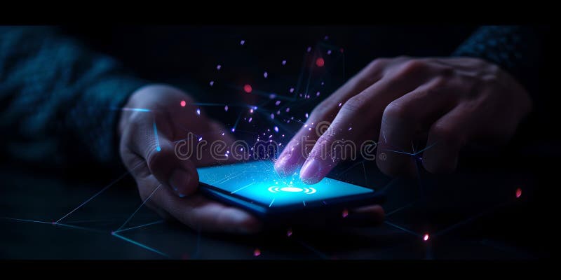 Close-up of Hands Using a Smartphone in the Dark, Digital Particles ...