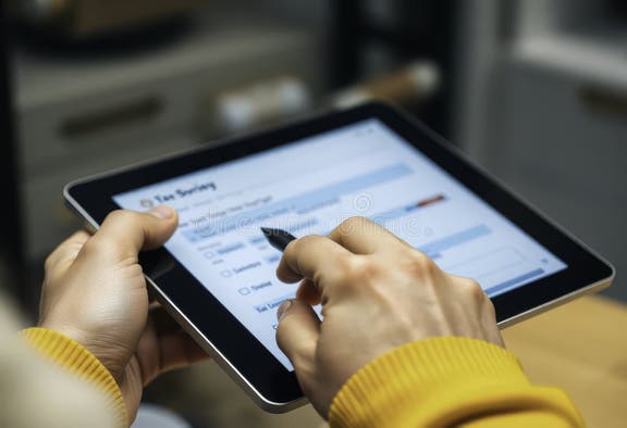 Close Up of Hands Using Stylus To Complete Online Survey on Tablet ...