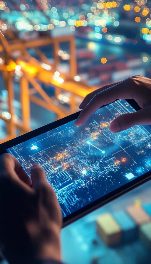 Close Up of Hands Using Tablet with Digital Map and Cargo Ship Cranes ...