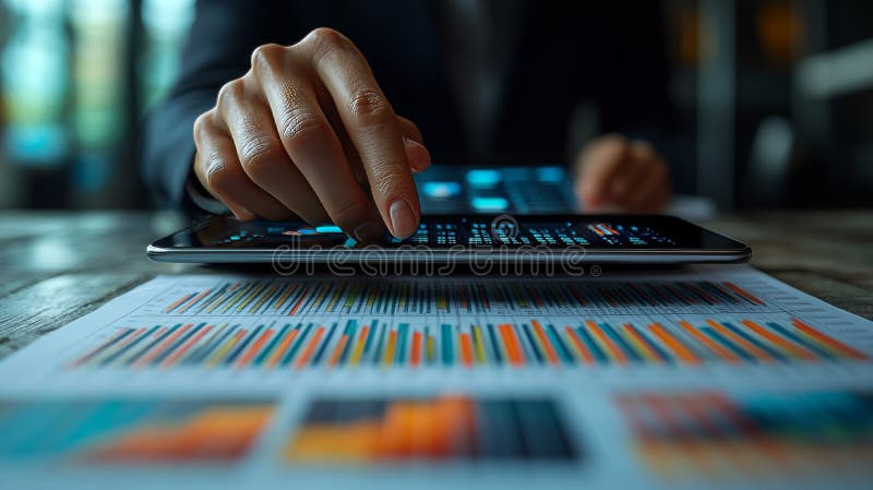 Close-up of Hands Using a Tablet Displaying Data Charts Stock ...