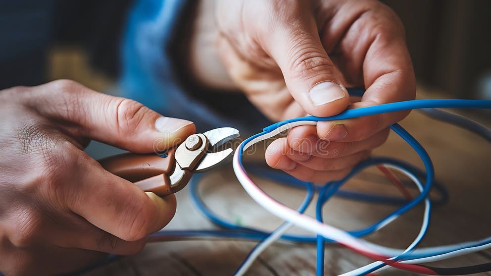 Close-up of Hands Using Wire Cutters on Electrical Wires. Stock Image ...