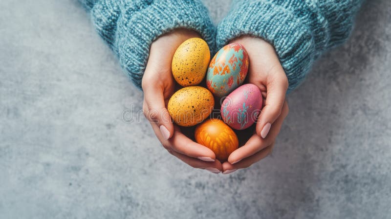 Close-up of Hands with Vibrant Easter Eggs, Human Touch and Joy. Easter ...