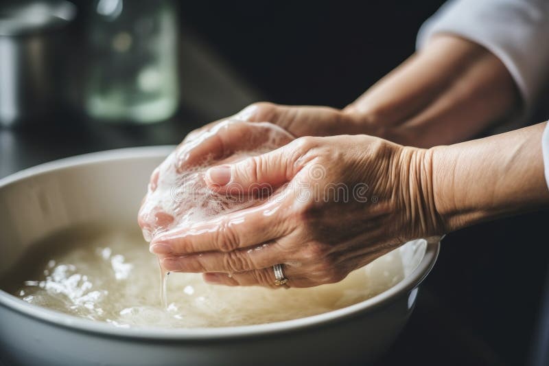 Elderly Woman Performing Hand Washing Ritual at Home Using a ...