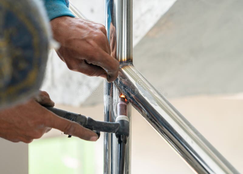 Close Up Hands Welding Stainless Steel Rail Stock Photo - Image of join ...