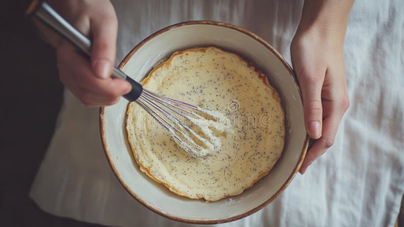 Close-up of Hands Whisking a Creamy Mixture in a Rustic Kitchen Setting ...