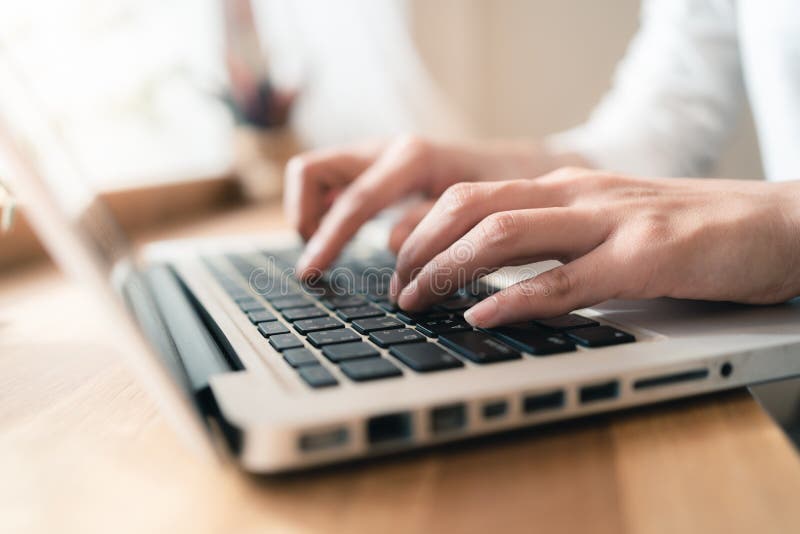 Close Up Hands of Woman Using Laptop Computer Working and Searching ...