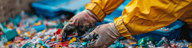 Close Up on Hands at Work in Recycling Facility Sorting Plastic a Vital ...