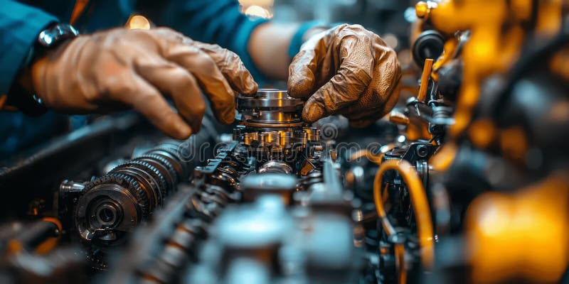 Close-up of Hands Working on a Complex Engine Part, Highlighting the ...