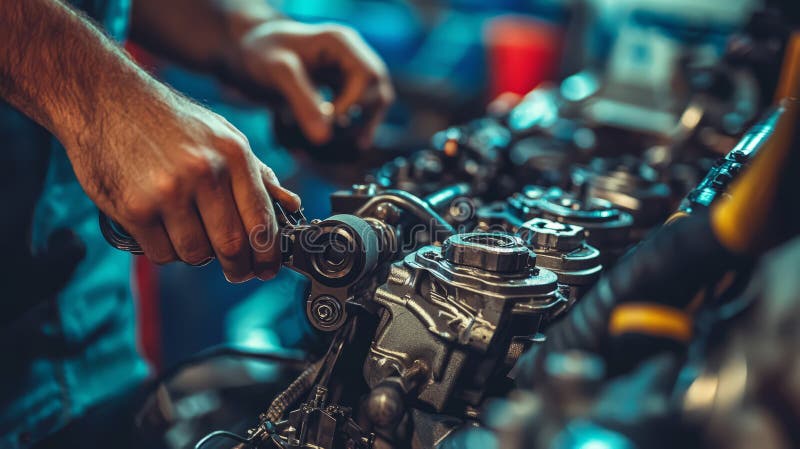 Close-up of Hands Working on a Complex Engine Part, Highlighting the ...