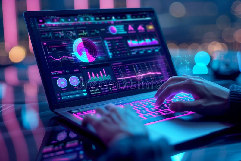 Close-up of Hands Working on Computer Under Colorful Lighting a Glowing ...