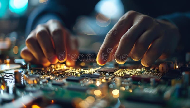 Close Up of Hands Working on an Intricate Electronic Circuit Board ...