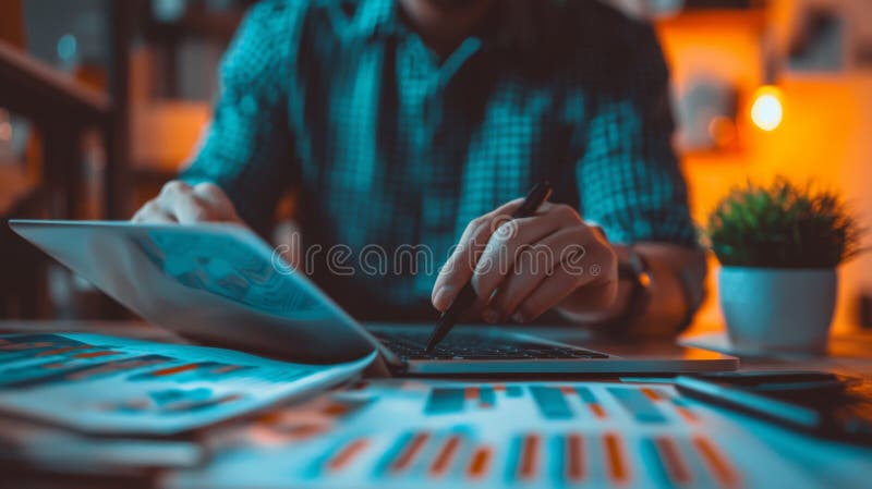 Close-up of Hands Working on a Laptop with Documents and Graphs Stock ...