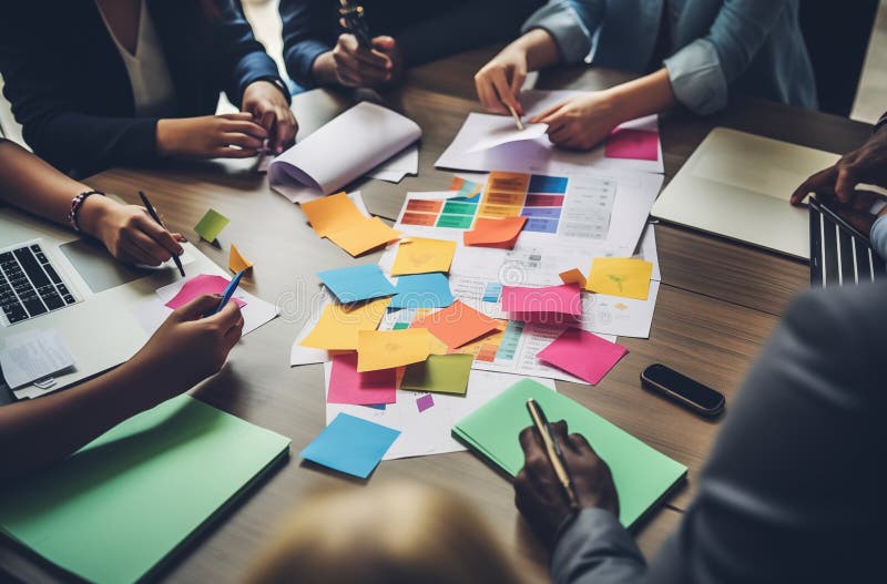 A Close-up of Hands Working on a Table with Colorful Sticky Notes and ...