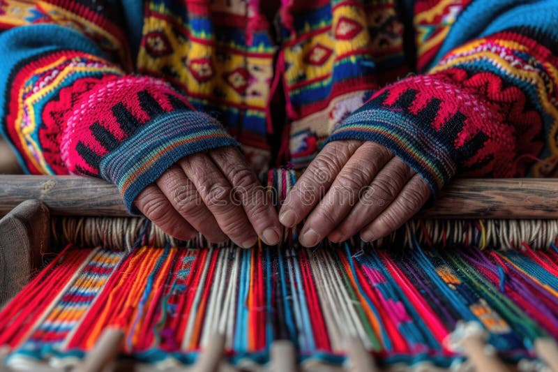 A Close-up of Hands Working a Traditional Loom, Creating a Colorful and ...