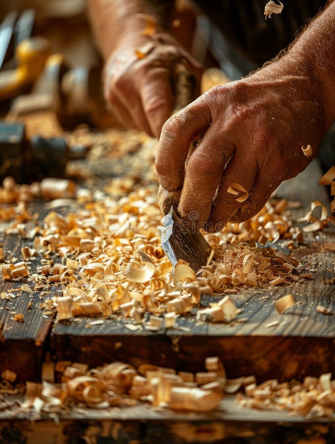 Close-up of Hands Working with Wood in a Carpentry Workshop. Stock ...