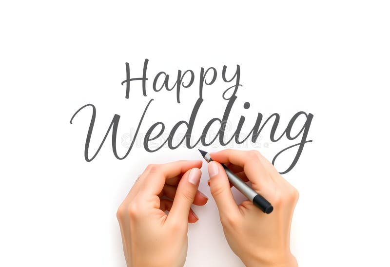 Close-up of Hands Writing "Happy Wedding" on a White Background Stock ...