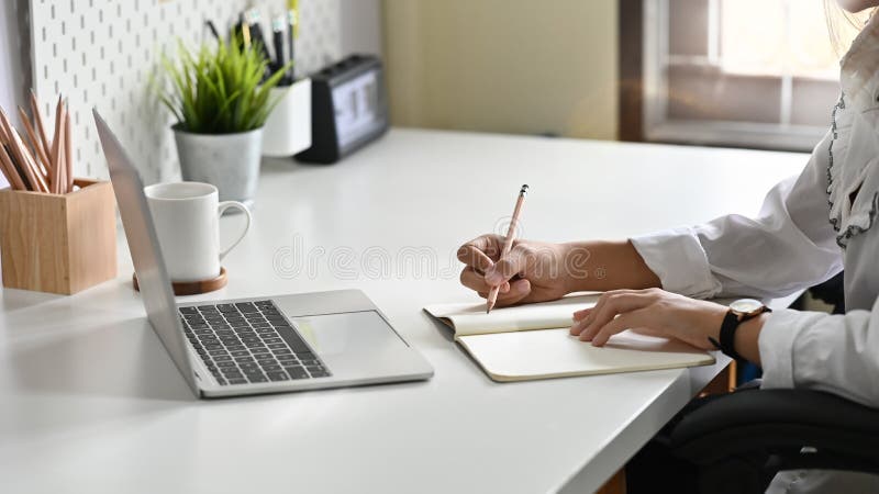 Close-up Hands Writing on Notebook Paper, Cropped Shot Female Working ...