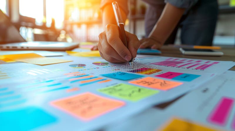 Close Up of Hands Writing Notes with Pen on Project Plan Paper for ...