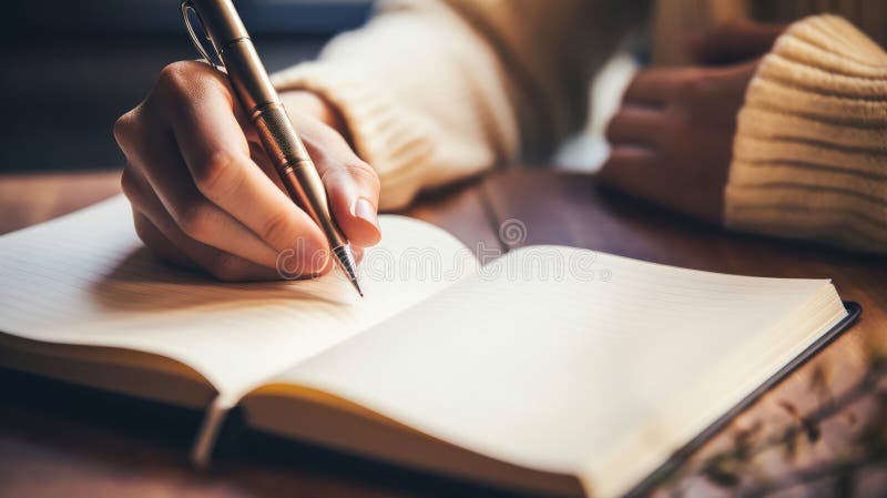 A Close-up of Hands Writing a Poem on a Notebook Stock Illustration ...