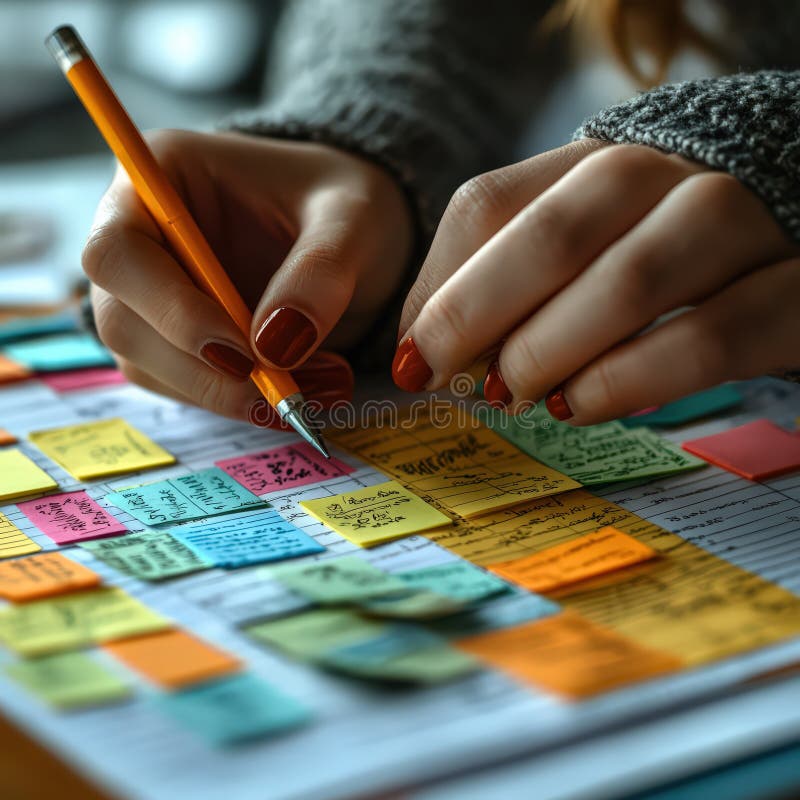 Close-up of Hands Writing Problem-solving Strategies on Sticky Notes ...