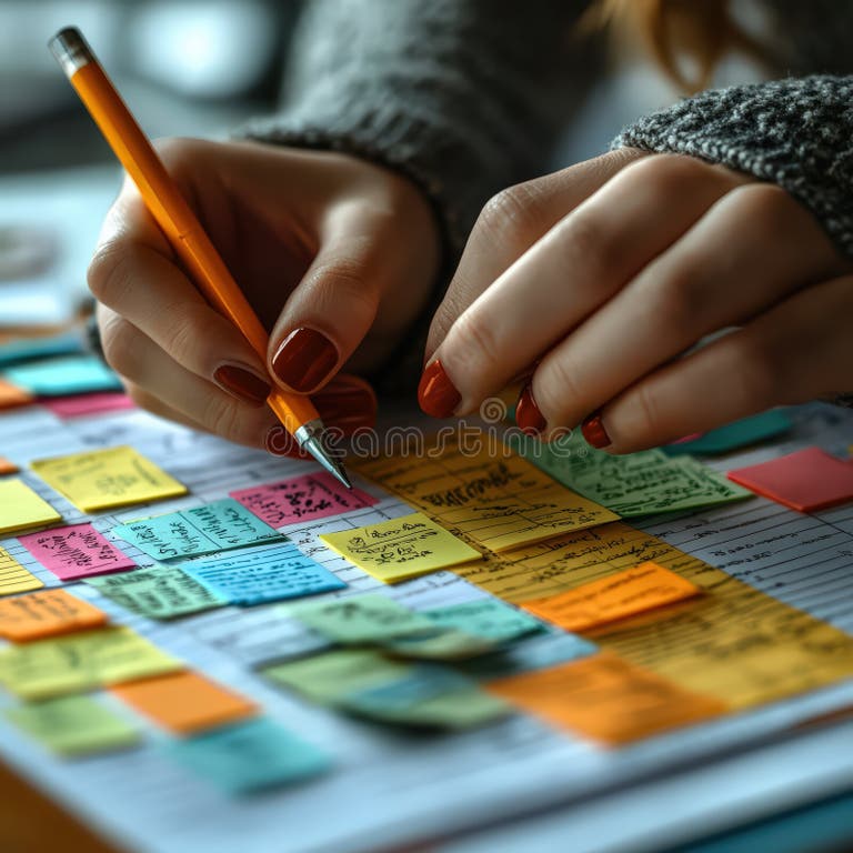 Close-up of Hands Writing Problem-solving Strategies on Sticky Notes ...