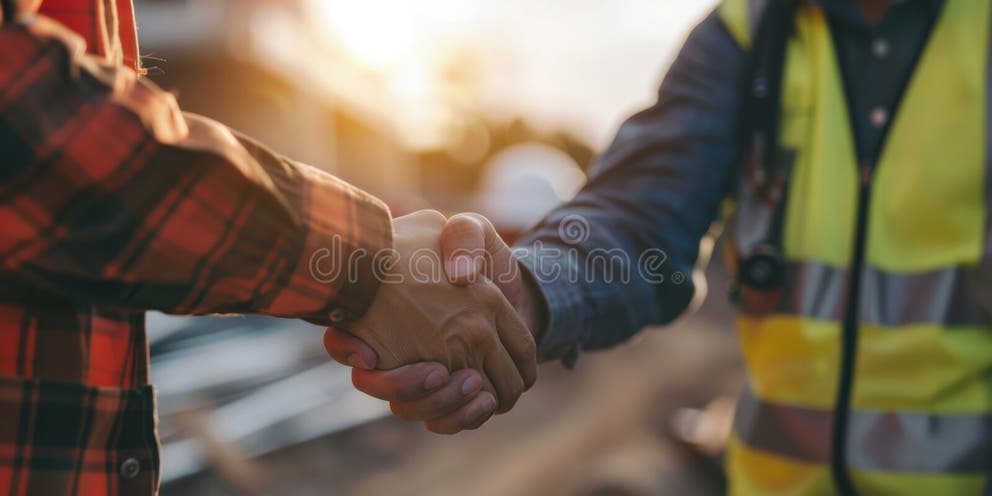 A Close-up of a Handshake between a Construction Worker in a Hard Hat ...