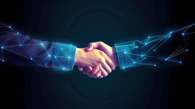 Close Up of Handshake on Dark Background with Digital Connection Lines ...