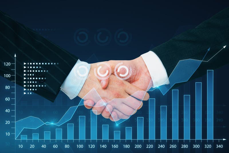 Close Up of Handshake with Growing Digital Business Chart on Blue ...