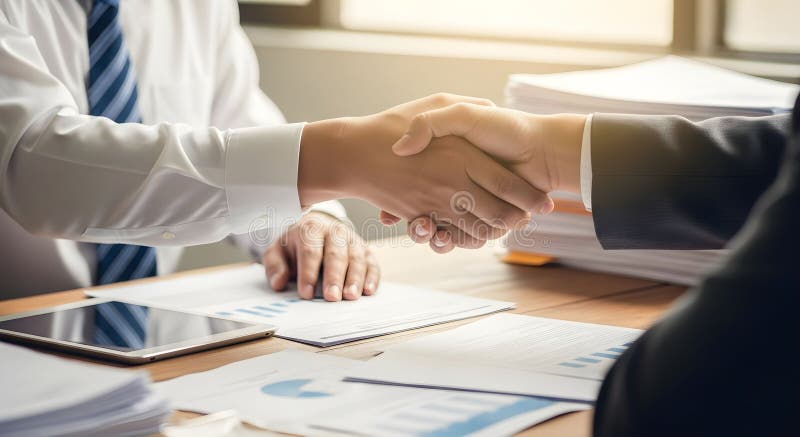 Close-Up Handshake Over Desk Covered with Documents and Tablet Stock ...