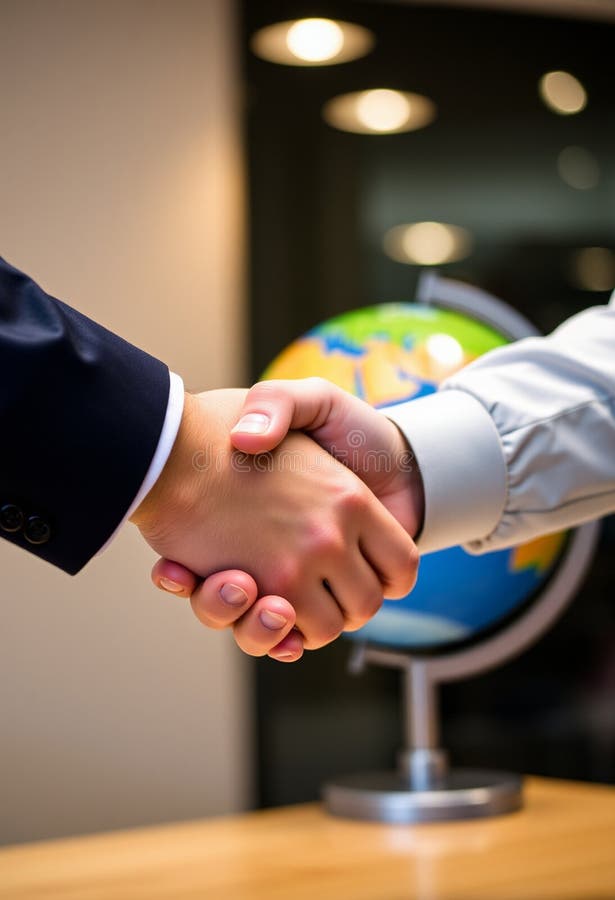 A Close Up of Two People Shaking Hands with a Globe in the Background ...